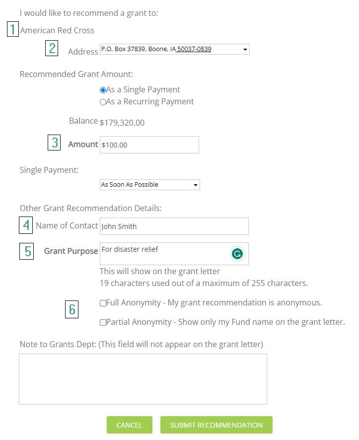Grant recommendation fields with numbers - iGiftFund